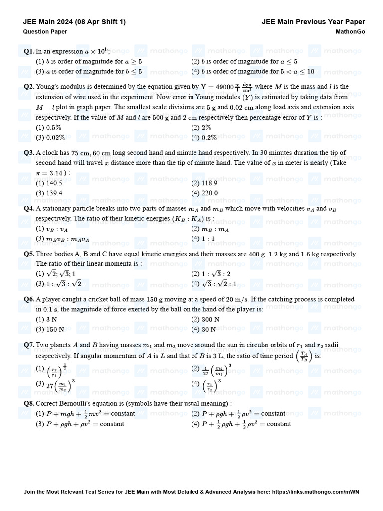 Open JEE Main 2024 (08 Apr Shift 1) Previous Year Paper With Answer Keys - MathonGo | PDF ...
