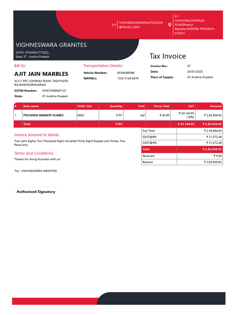 Granite Invoice for Ajit Jain Marbles | PDF | Rupee | Currency