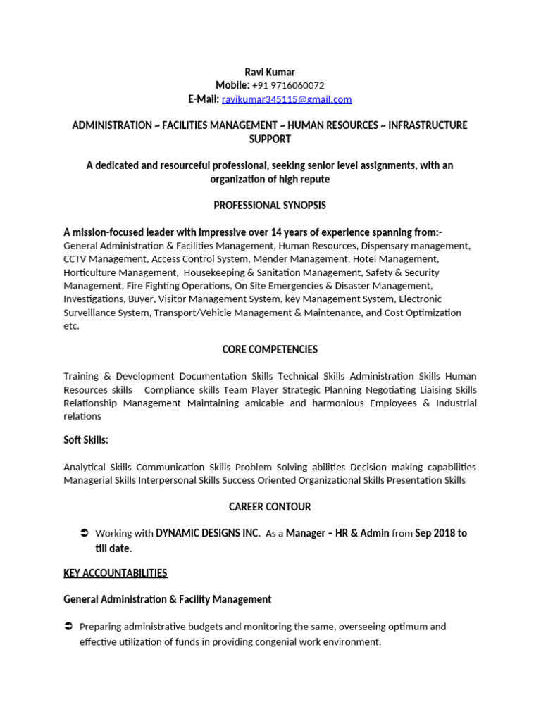 Ravi-Resume for Manager HR & Admin | PDF