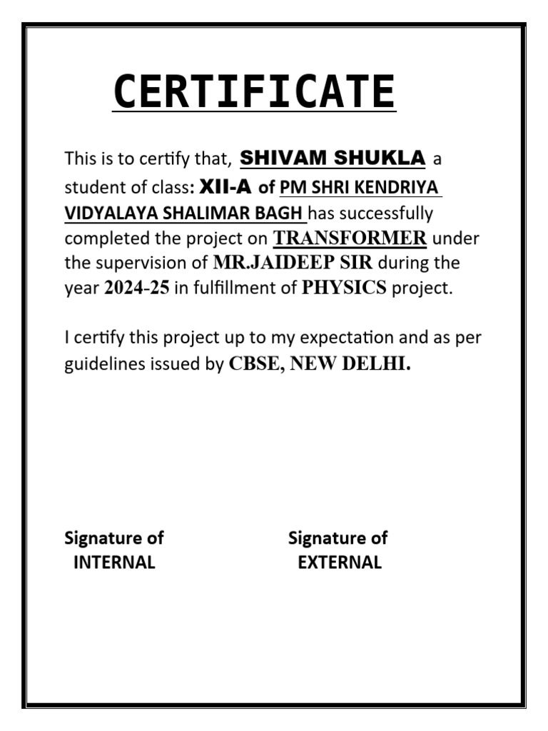 Class 12 Physics Project Certificate | PDF
