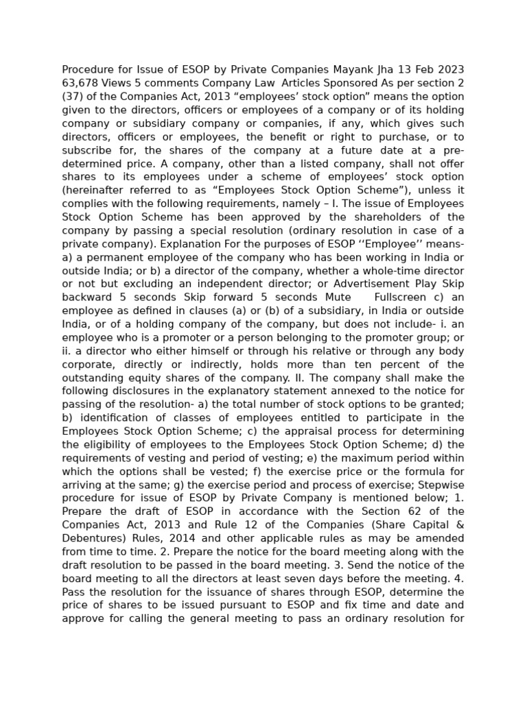 Procedure For Issue of ESOP by Private Companies - TAX GURU | PDF ...