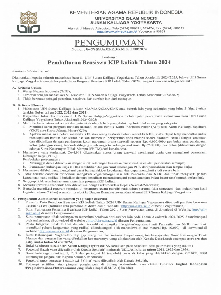 Pengumuman Pendaftaran Beasiswa KIP Kuliah Tahun 2024 dan Lampiran | PDF
