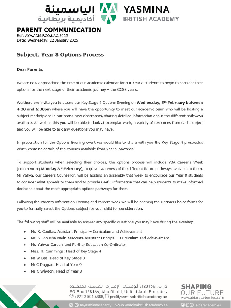 Yasmina British Academy - Year 8 Options Process | PDF