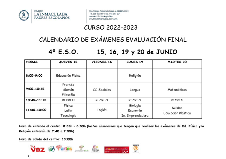 4º ESO. Calendario. Evaluación Ordinaria | PDF