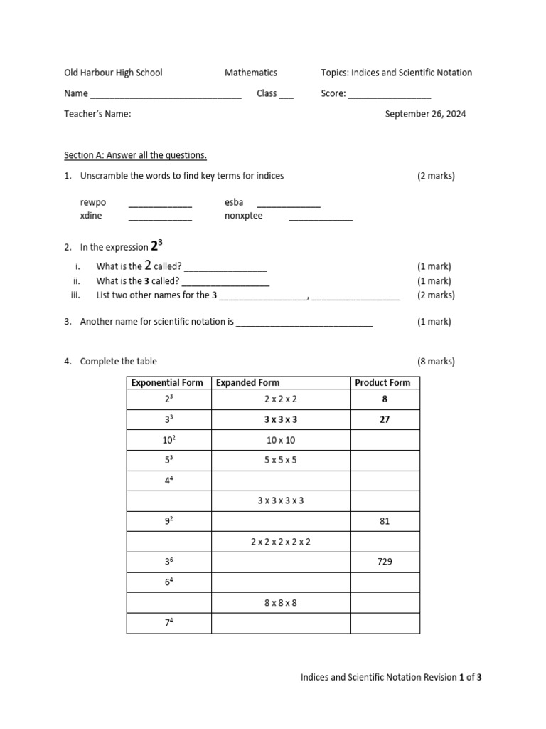 September 262024 Grade 8 and 9 Revision Sheet | PDF | Mathematics ...
