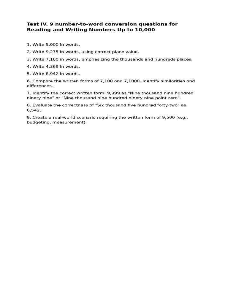 Number-to-Word Conversion Quiz | PDF