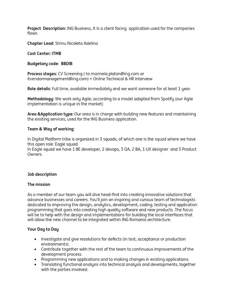 328 - JD Role For ING Bank Java | PDF | Agile Software Development | Computer Programming