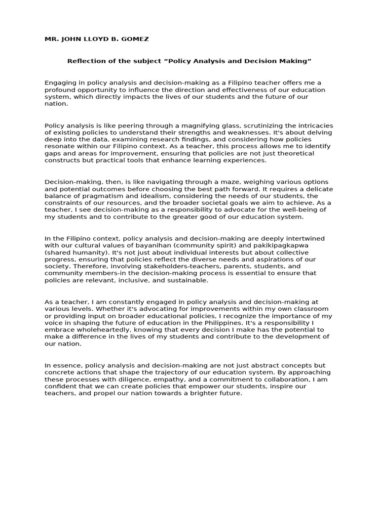 Filipino Teacher's Role in Policy Analysis | PDF | Policy | Decision Making