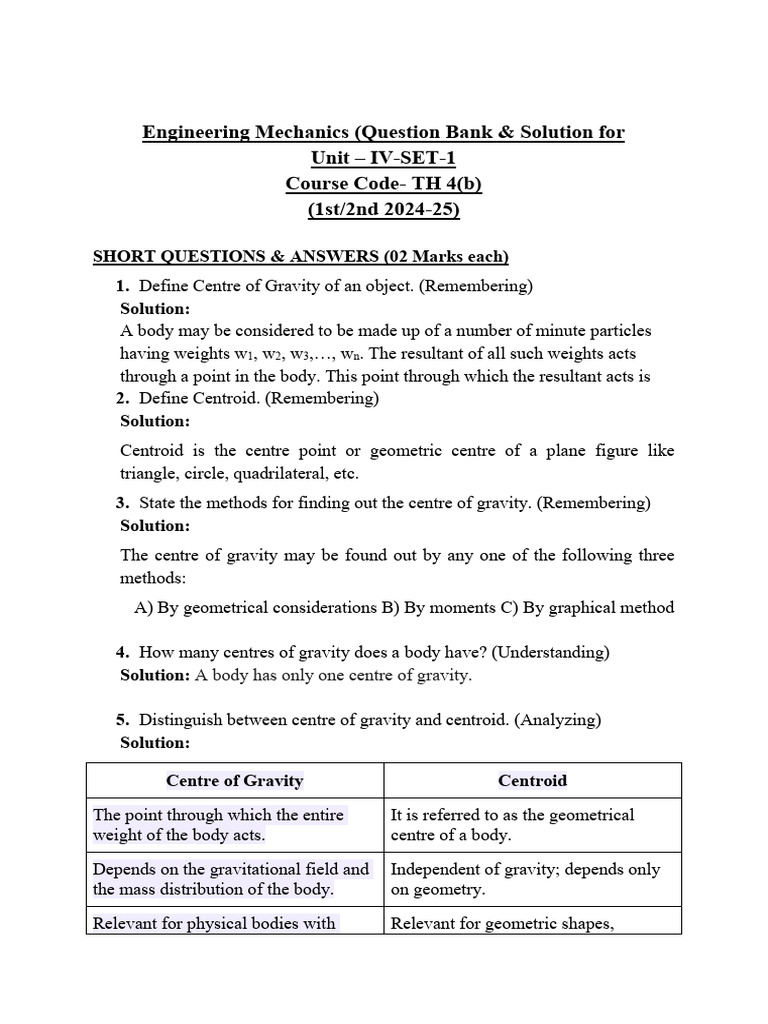 Engineering Mechanics Unit-Iv (Set-1) | PDF | Triangle | Center Of Mass