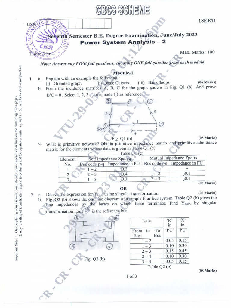 VTU Question Paper of 18EE71 Power System Analysis - 2 June-July-2023 | PDF