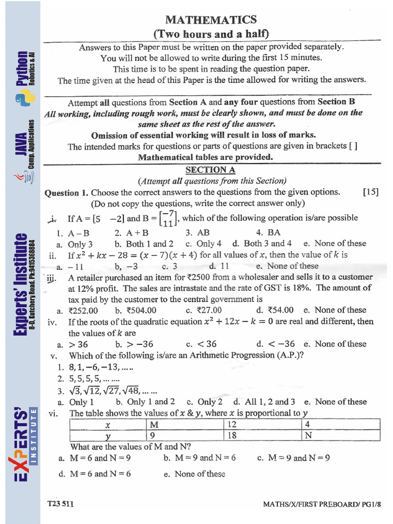 X SJC Pre Board1 Mathematics | PDF
