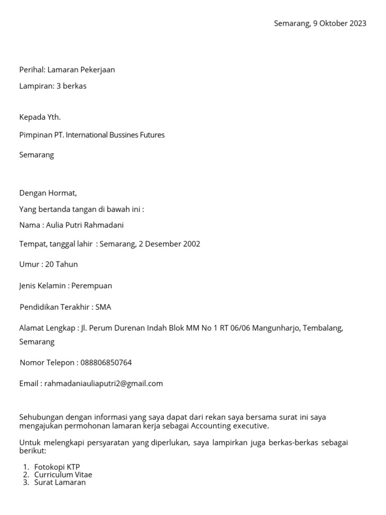 Surat Lamaran BNI - Docx - 20231009 - 064138 - 0000 | PDF