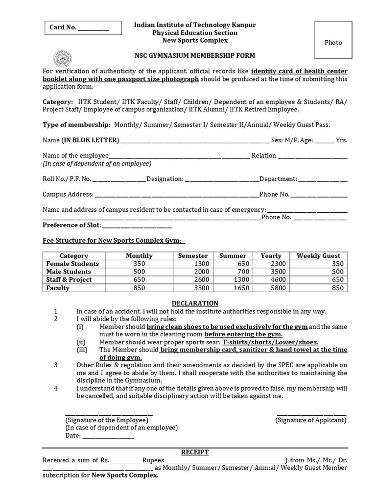 NSC Gym Membership Form | PDF | Government And Personhood