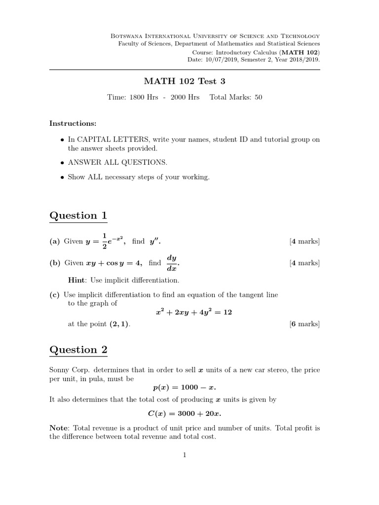 MATH 102 Test 3 | PDF | Calculus | Mathematical Analysis