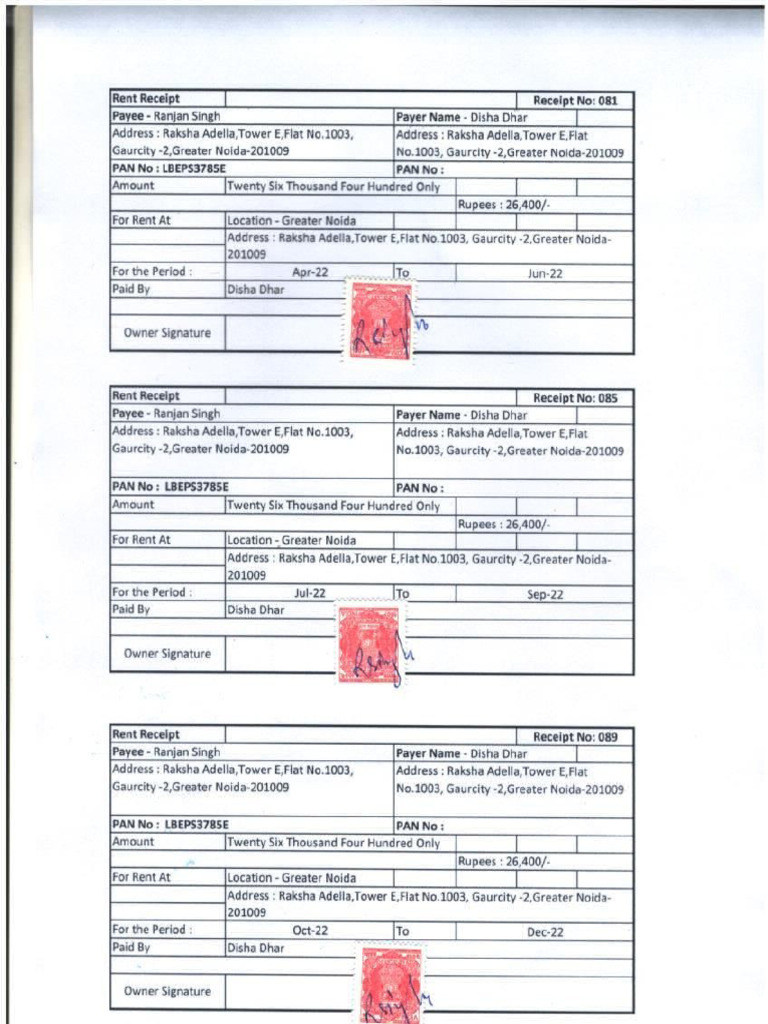 Rent Receipt - Apr 22 To Jan 23 | PDF