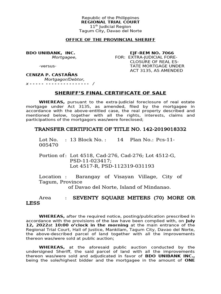 Final Certificate of Sale: Foreclosure in Tagum | PDF | Mortgage Law ...