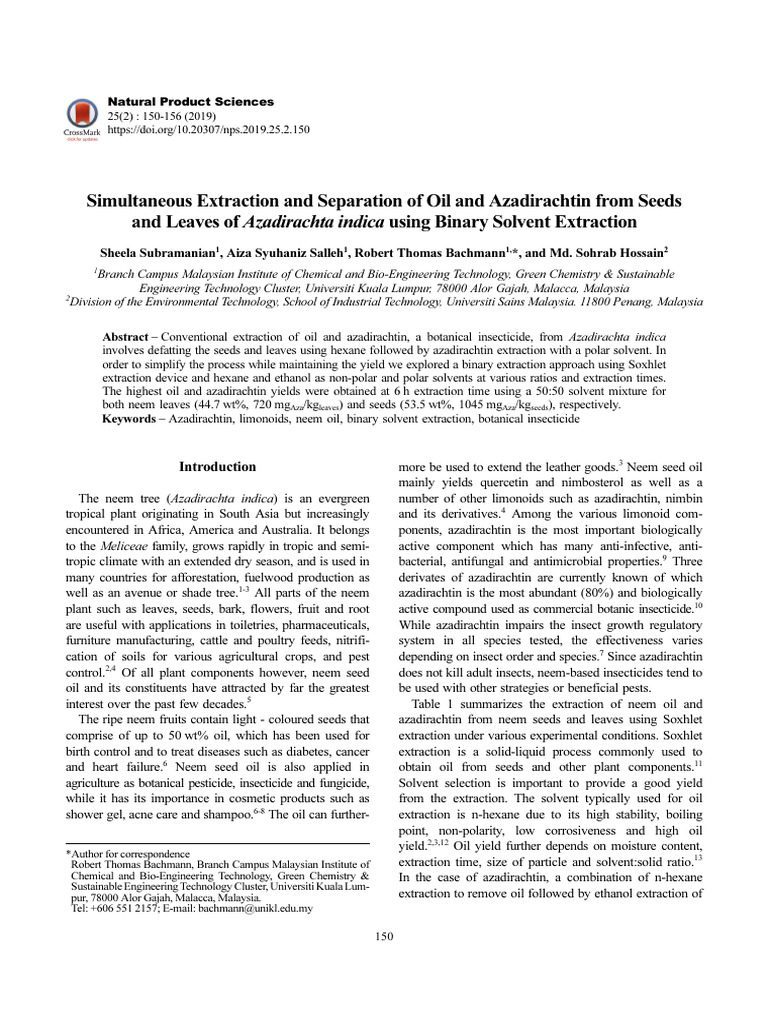 Simultaneous Extraction and Separation of Oil and Azadirachtin From Seeds and Leaves of ...