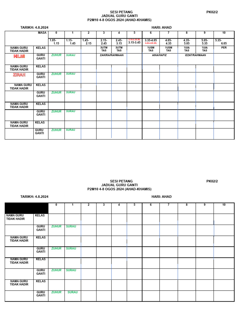 Jadual Relief P2M10 4.8.2024 Ahad | PDF