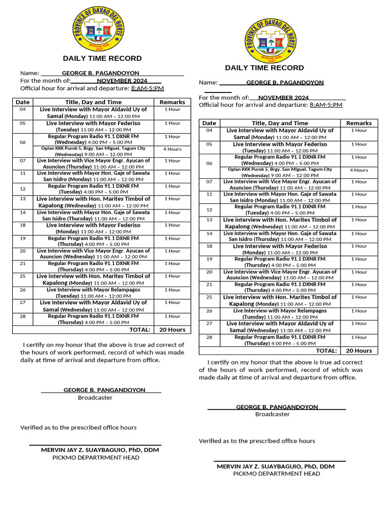 Daily Time Record Provincial For The Month of November 2024 | PDF