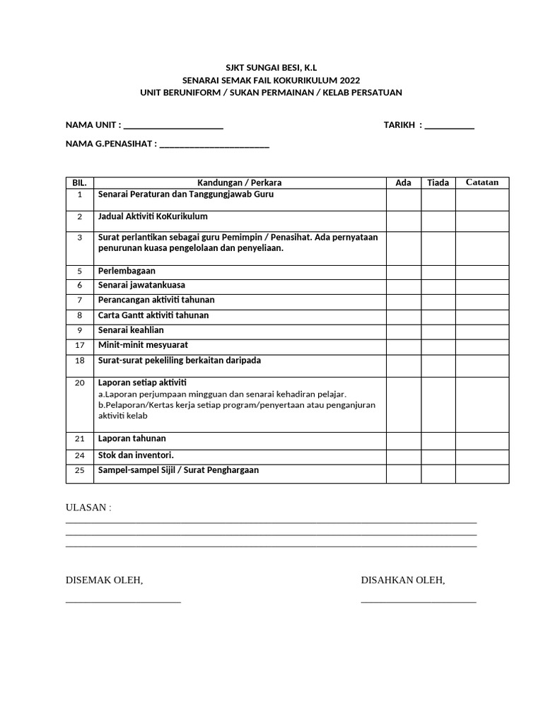 Senarai Semak Fail Kokurikulum 2018 2 | PDF