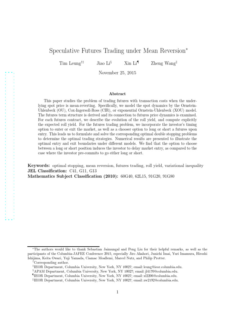Speculative Futures Trading Under Mean Reversion | PDF | Futures Contract | Vix