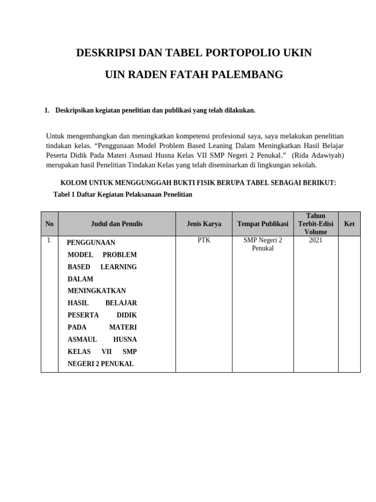 Deskripsi Dan Tabel UKIN Bagian PTK | PDF
