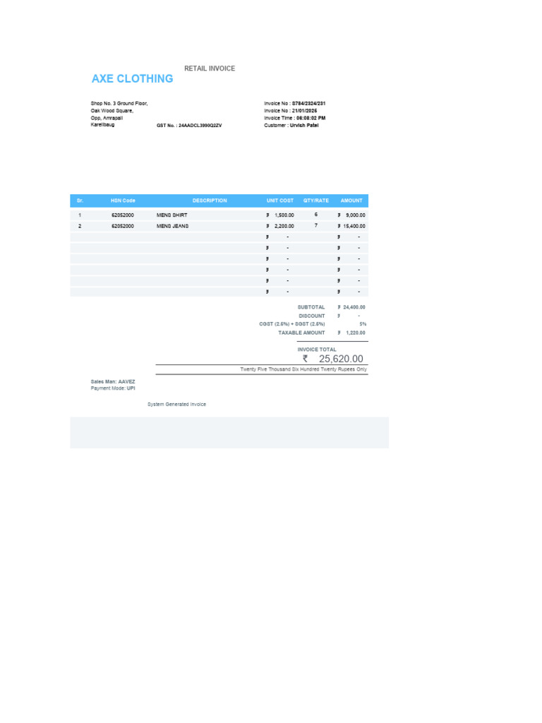 Retail Invoice for Axe Clothing Purchase | PDF