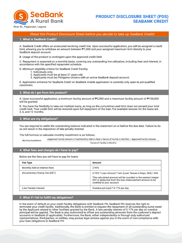 Product Disclosure Sheet | PDF | Loans | Credit