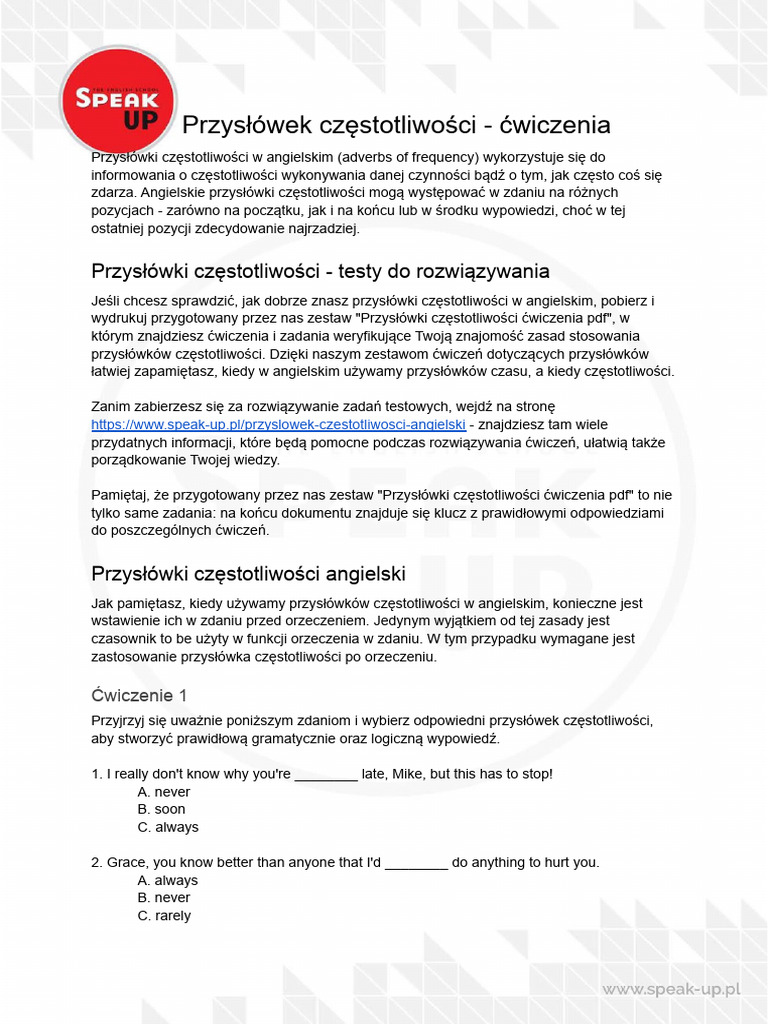 Cwiczenia Przyslowek Czestotliwosci | PDF