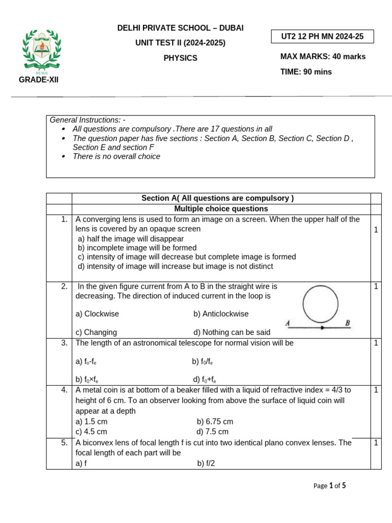 Grade 12 Physics Unit Test Paper | PDF | Inductor | Electricity