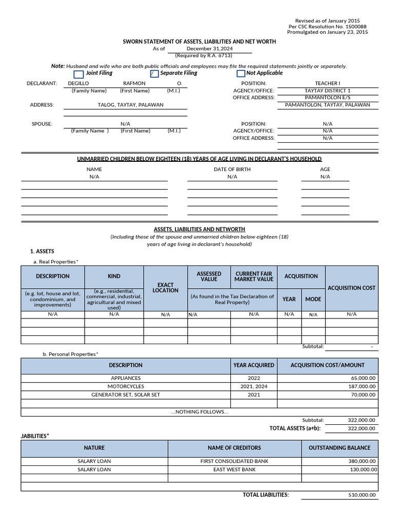 saln_2024_Val | PDF | Net Worth | Financial Accounting