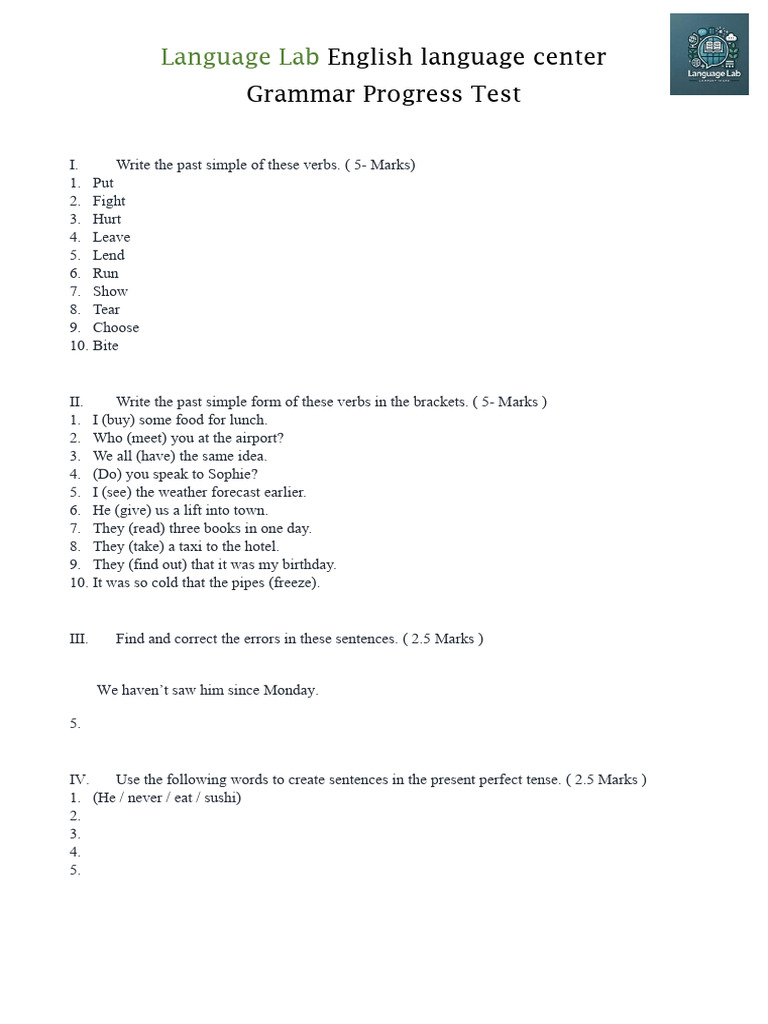 English Grammar Progress Test | PDF | Grammatical Tense | Syntax