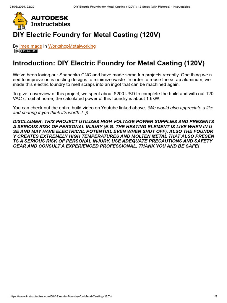 DIY Electric Foundry For Metal Casting (120V) - 12 Steps (With Pictures) - Instructables | PDF ...