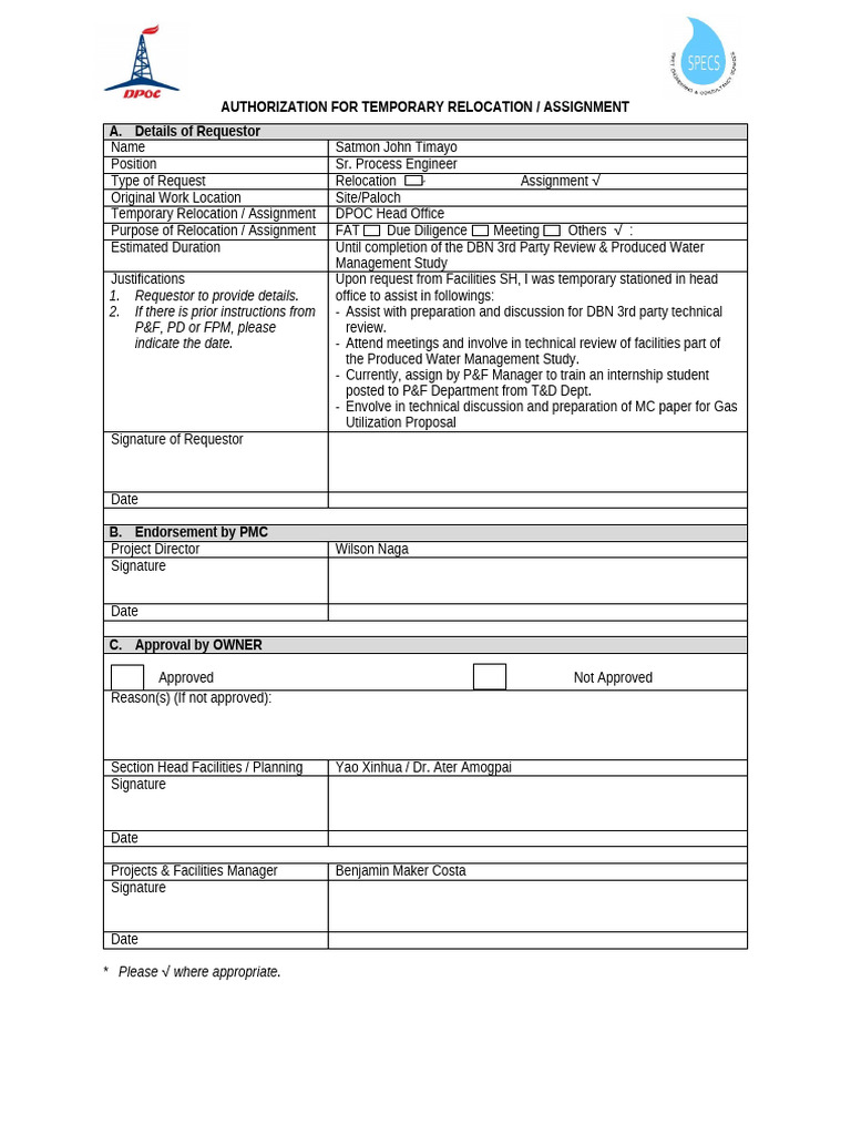 Temporary Relocation Request Form | PDF