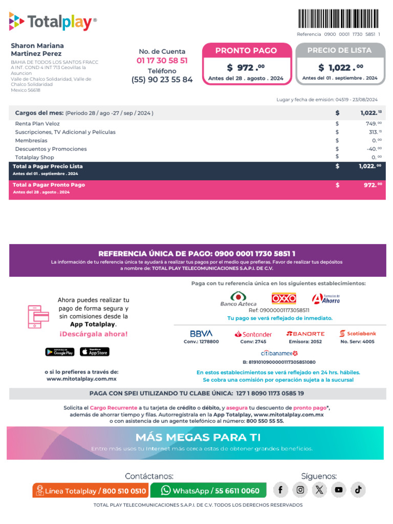 Factura Totalplay Agosto-Septiembre 2024 | PDF | Tarjeta de débito ...