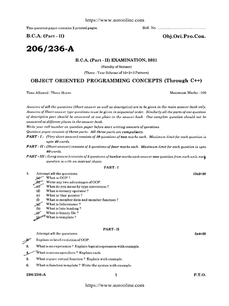 Bca Part 2 Object Oriented Programming Concepts Thought CPP 206 2021 | PDF