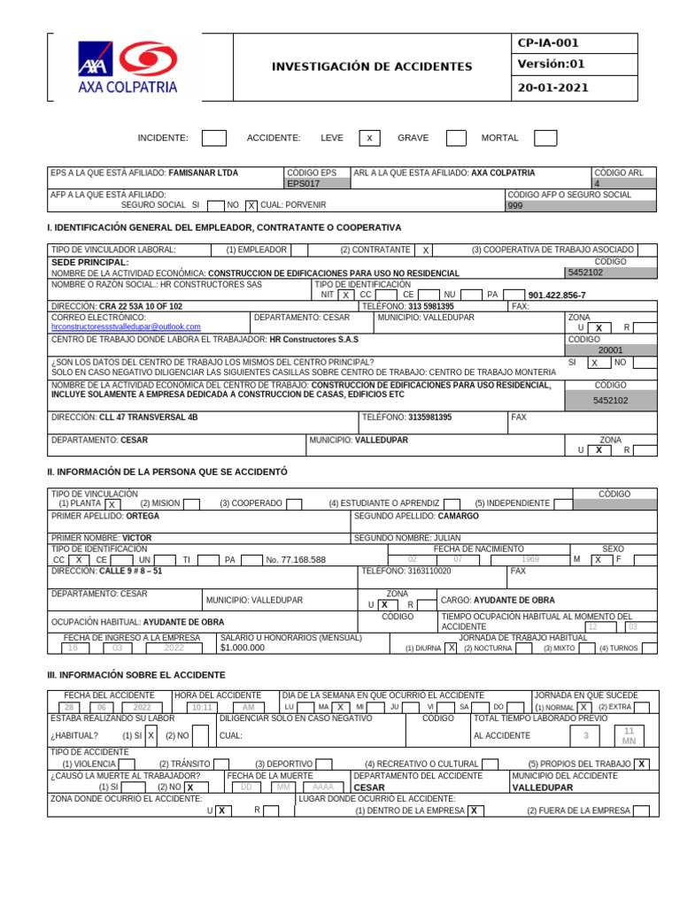 Investigacion de Accidente Victor Ortega | PDF | Documento de identidad