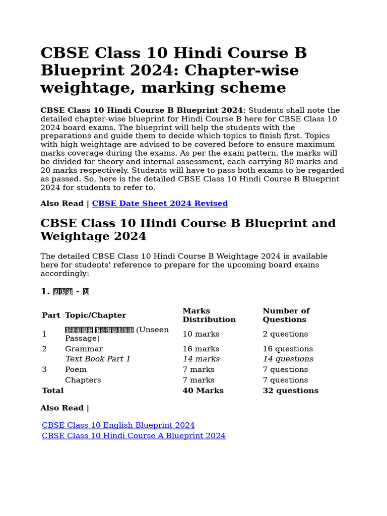 Class 10 Hindi Course B Blueprint 2024 | PDF | Educational Assessment ...