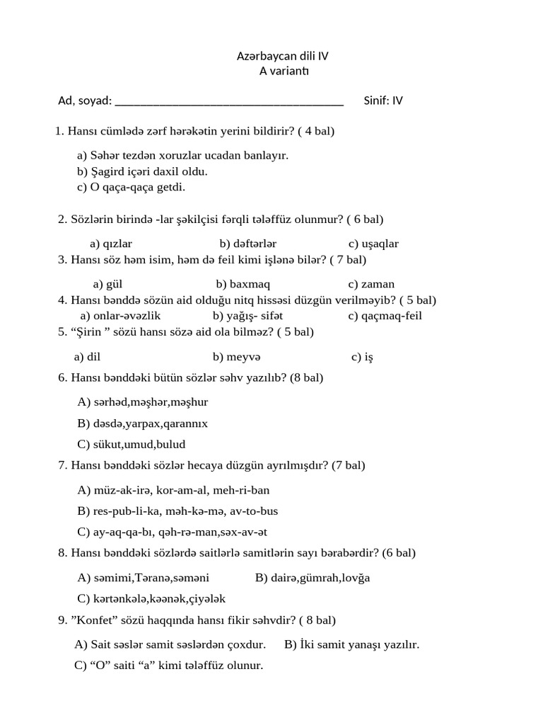 4-Cu Sinif Monitorinq A Variant Ana Dili | PDF