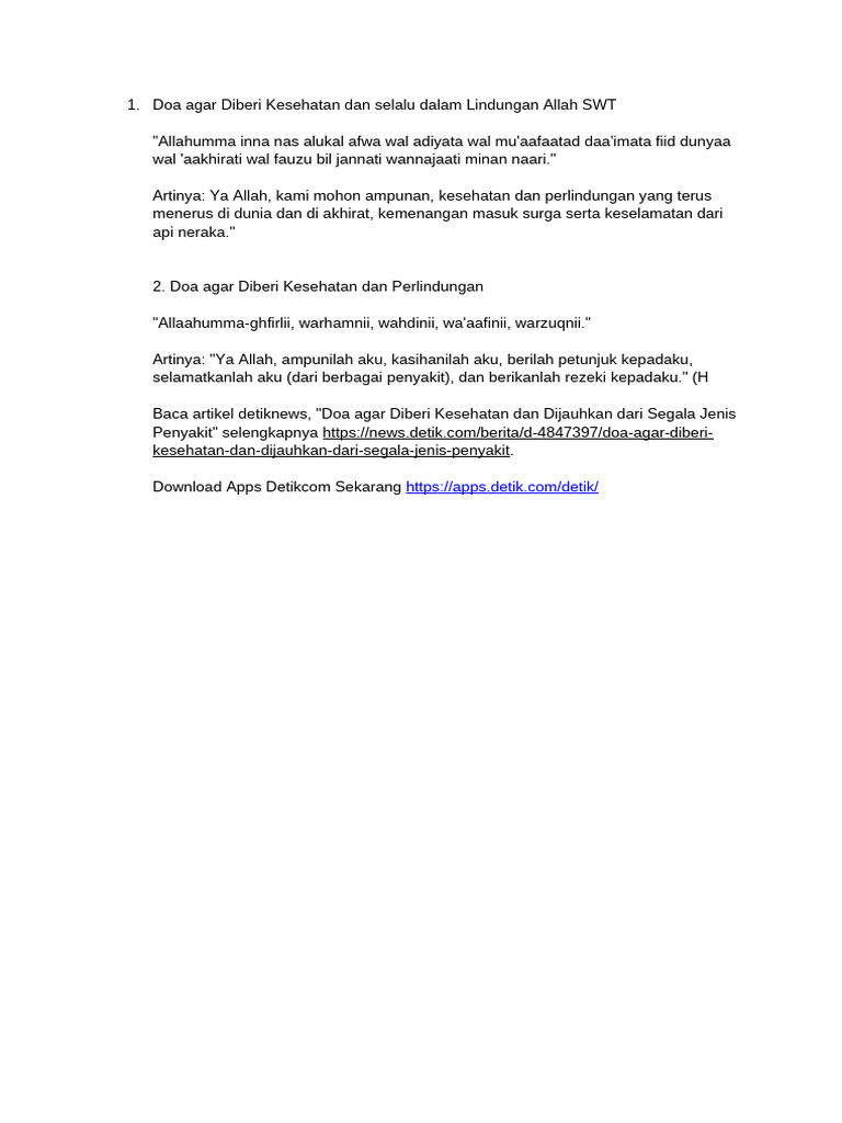 Doa Agar Diberi Kesehatan Dan Selalu Dalam Lindungan Allah SWT | PDF