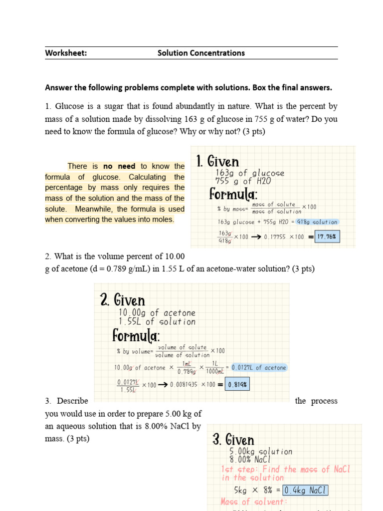 Solution Concentration Calculations Worksheet | PDF