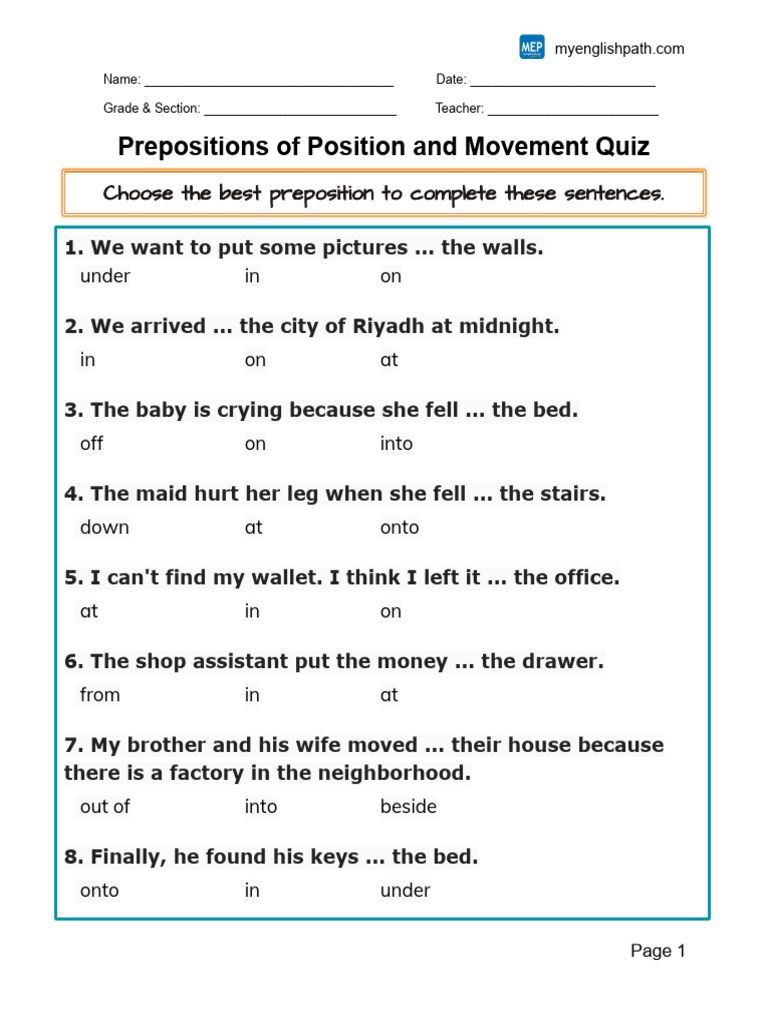 Prepositions Quiz: Position & Movement | PDF