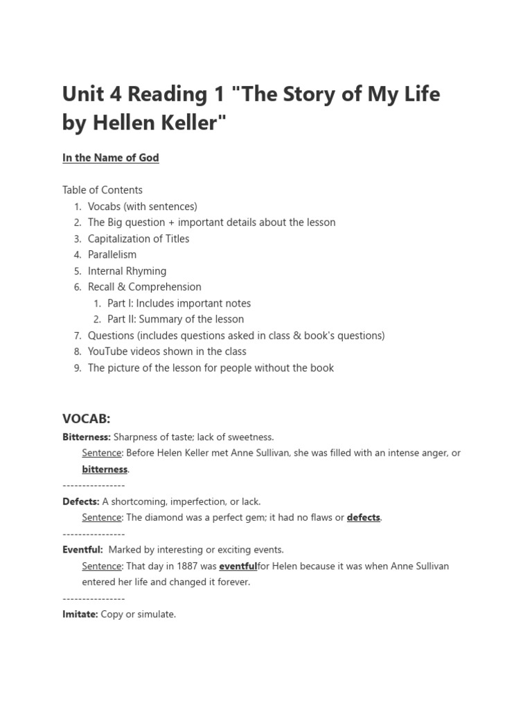 Unit 4 Reading 1 The Story of My Life by Hellen Keller | PDF | Helen Keller | Linguistics