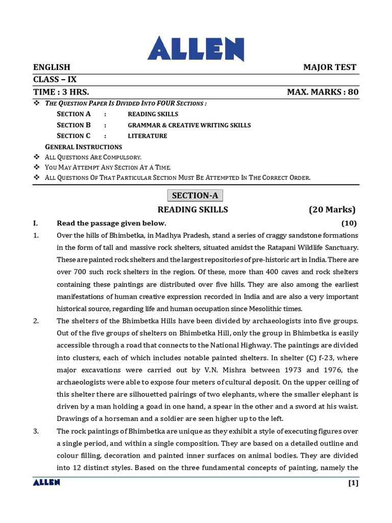 Class 9 English Major Test Paper | PDF | Paintings | You Tube