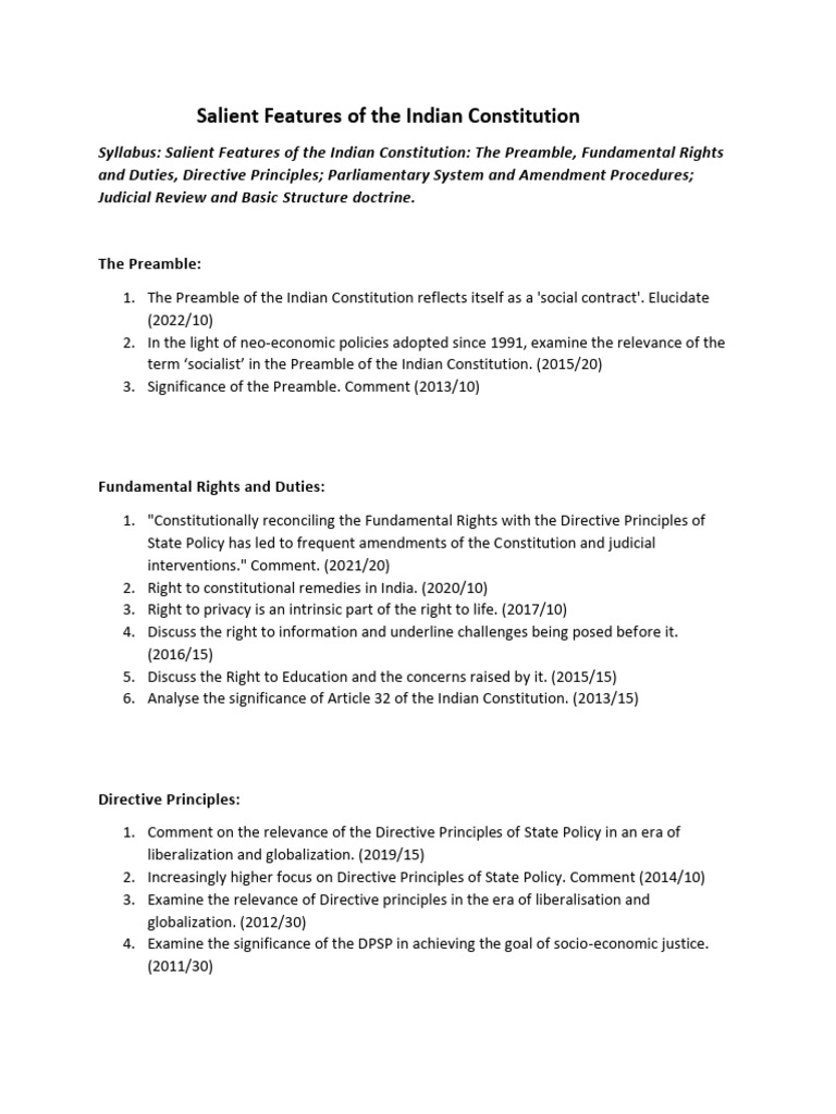 Salient Features of The Indian Constitution Pyq's | PDF | Constitution | Governance