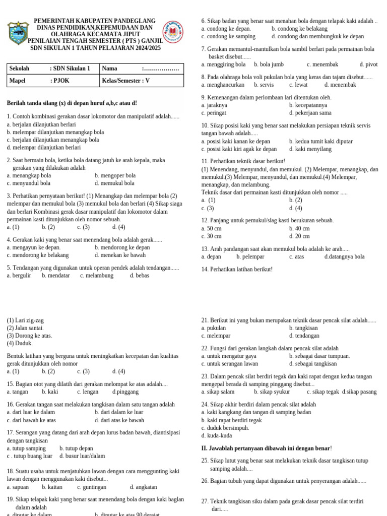 Soal PTS Kls.5 Kurmer PJOK | PDF