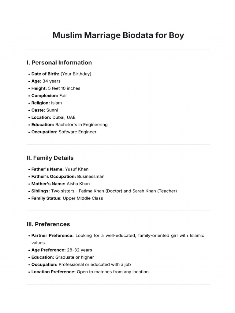 Free Muslim Marriage Biodata For Boy Template | PDF