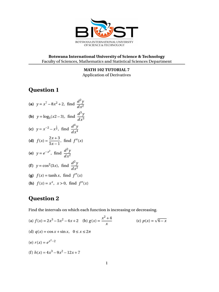 MATH 102 Tutorial 7 - Application of Derivatives | PDF | Differential ...