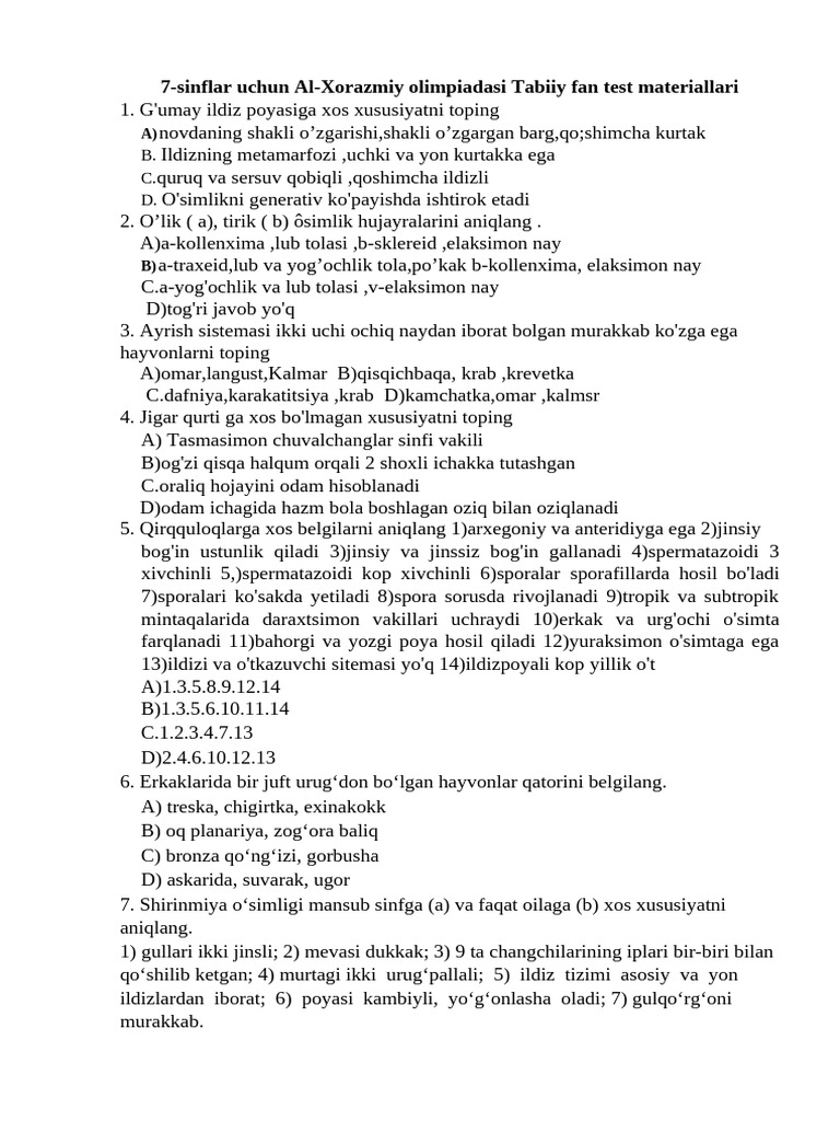 7-Sinf Tabiiy Fan Test | PDF