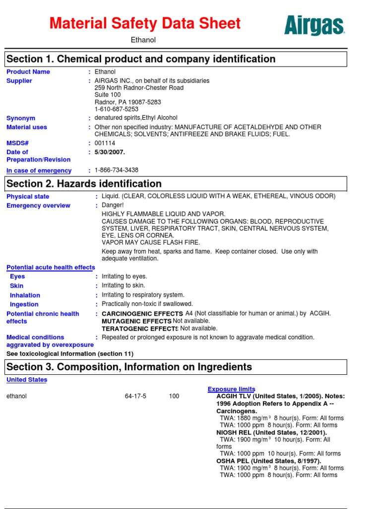 MSDS Ethnol | PDF | Ethanol | Personal Protective Equipment